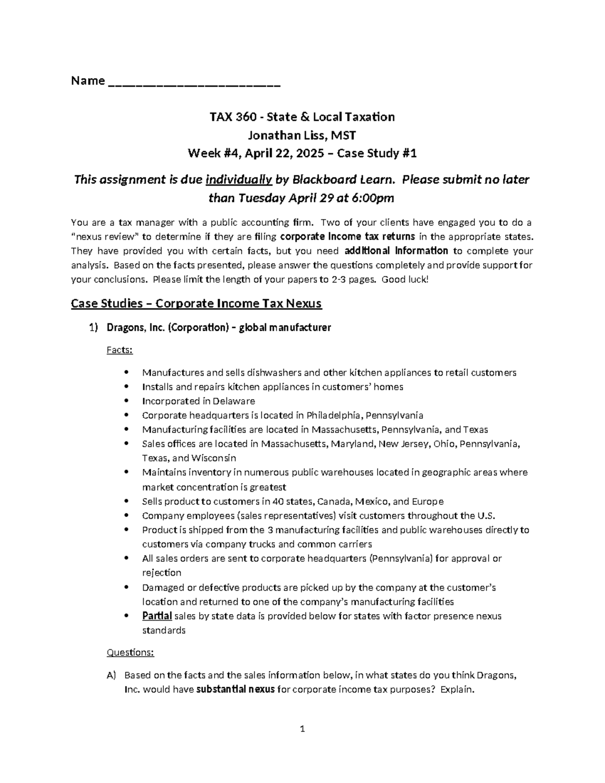 Case Study - TAX 360 State & Local Taxation Nexus Analysis - Spring ...