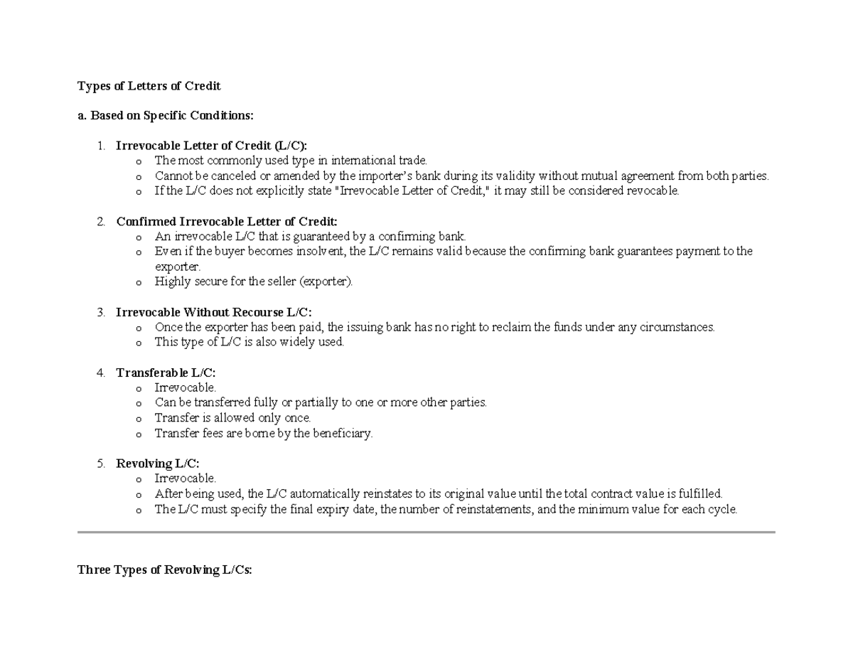 Types of Letters of Credit - Based on Specific Conditions: 1 ...