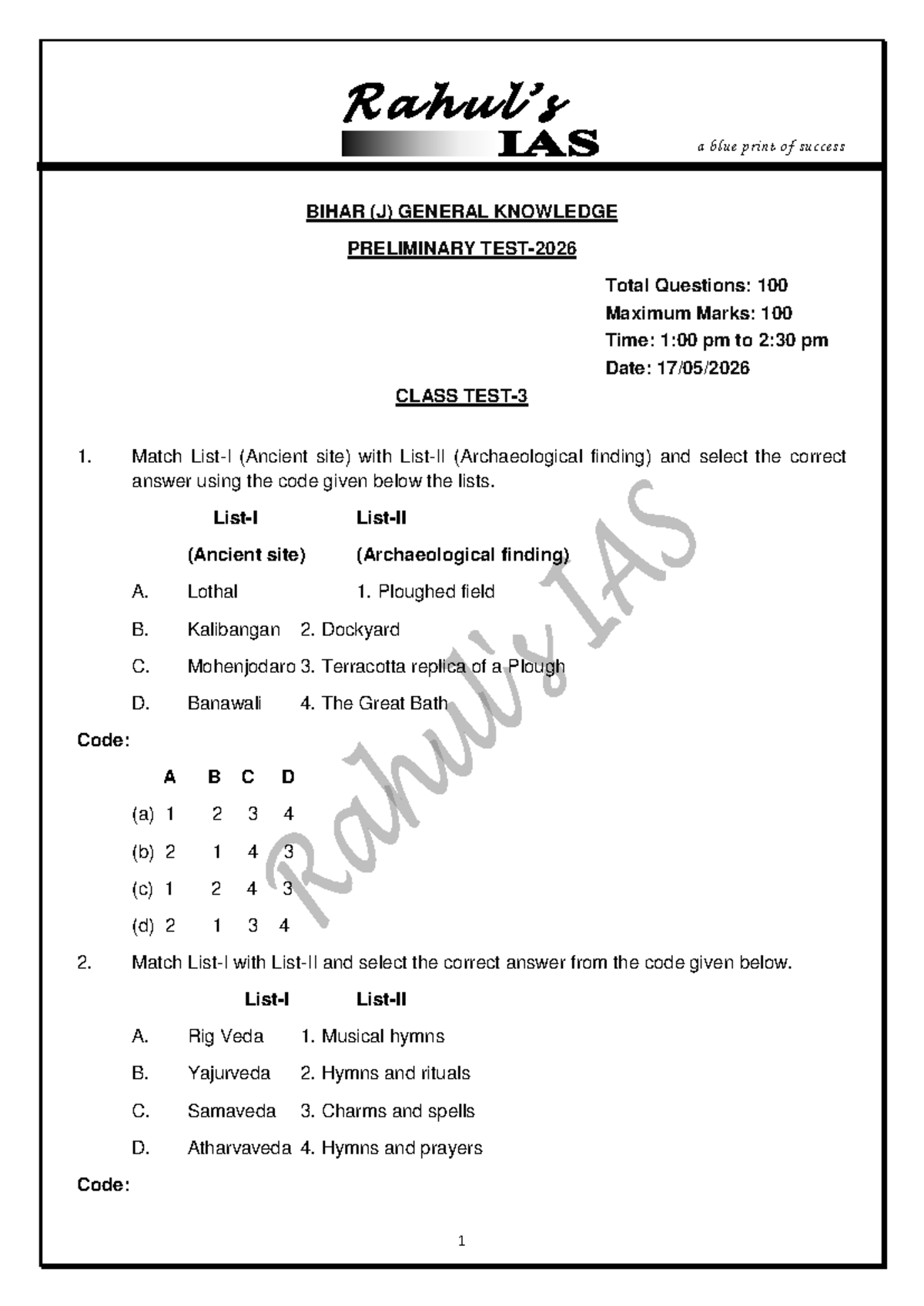 Bihar (J) General Knowledge Preliminary Test-III: Blueprint for Success ...