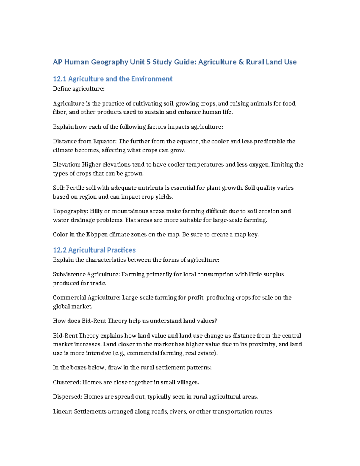 AP HUG Unit 5 Study Guide: Agriculture & Rural Land Use Insights - Studocu