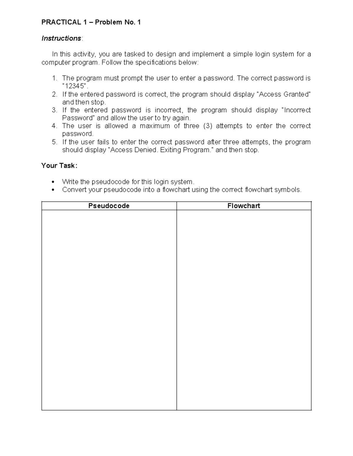 Practical EXAM 1 - PROB1: Login System Pseudocode & Flowchart - Studocu