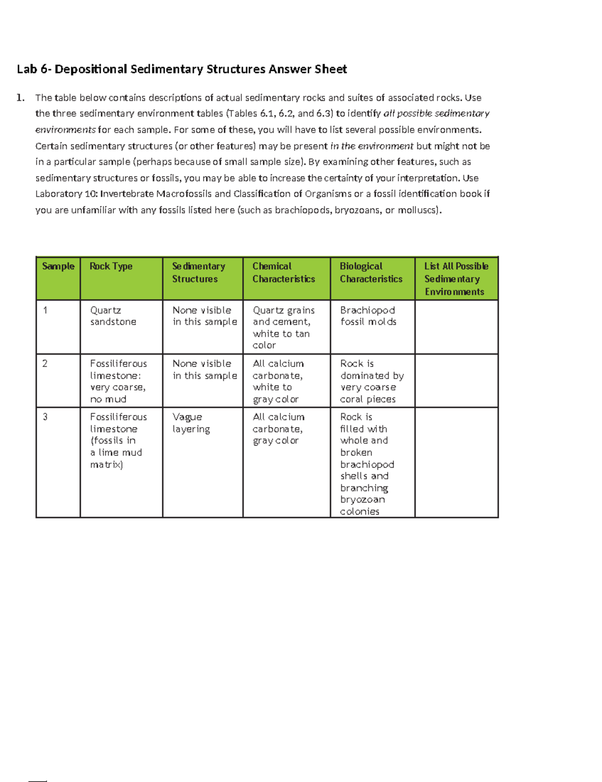 Lab 6: Depositional Sedimentary Structures Answer Sheet 2024 - Studocu