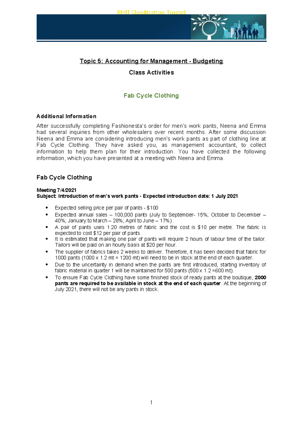 RMIT Classification: Topic 5 - Budgeting Activities for Fab Cycle ...