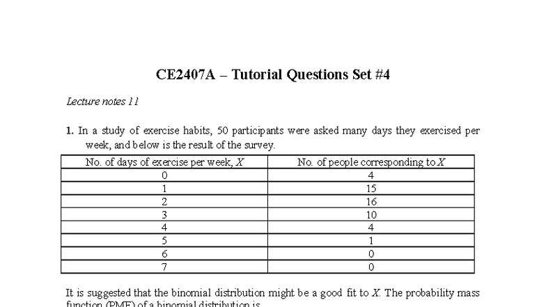 CE2407A Tutorial Questions Set 4: Exercise & Regression Analysis - Studocu