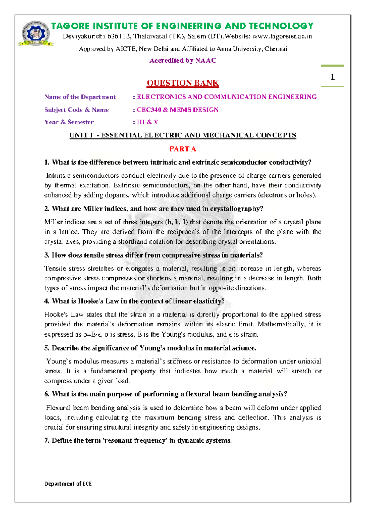 CEC340 MEMS DESIGN - Question Bank and Study Notes for ECE - Studocu