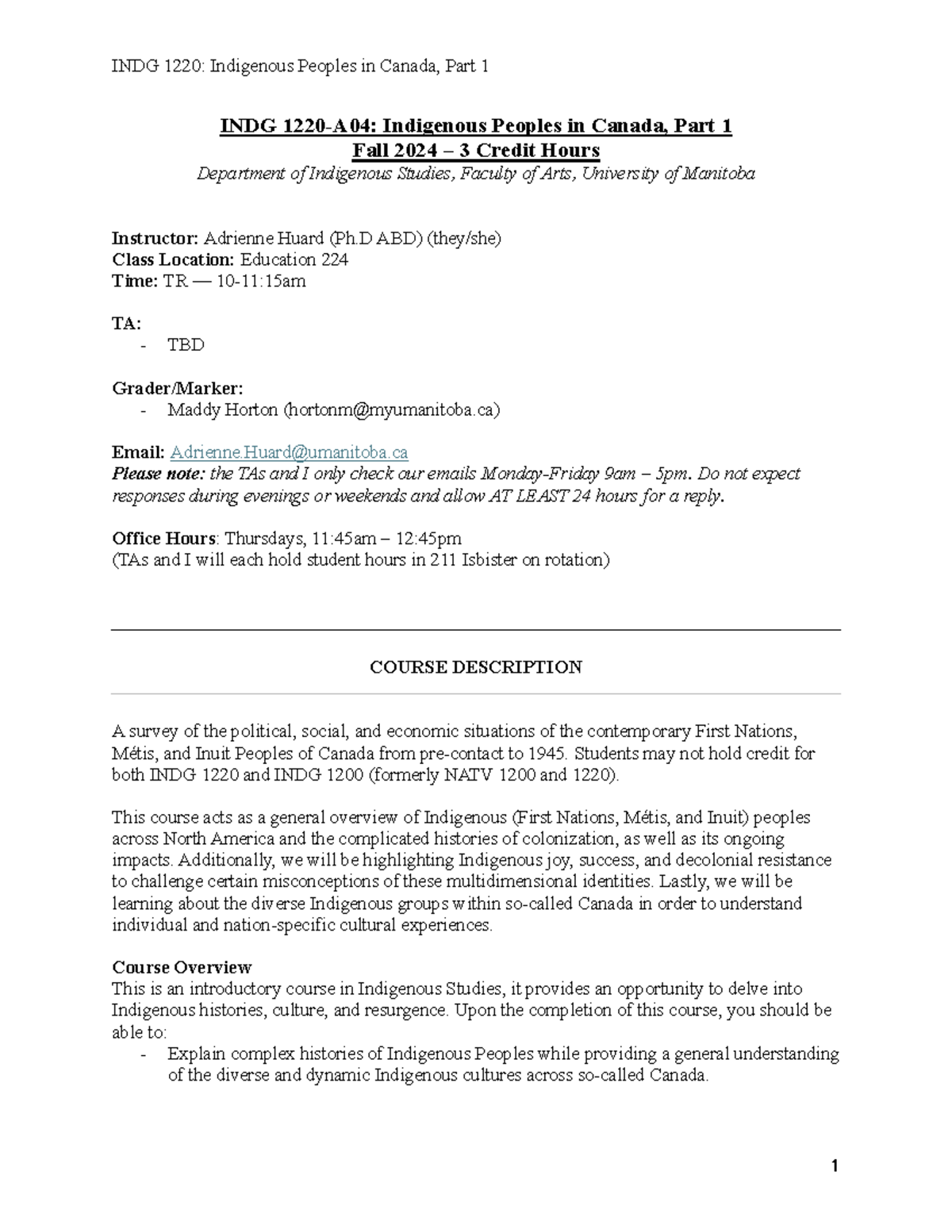 INDG 1220: Syllabus for Indigenous Peoples in Canada, Part 1 (Fall 2024 ...