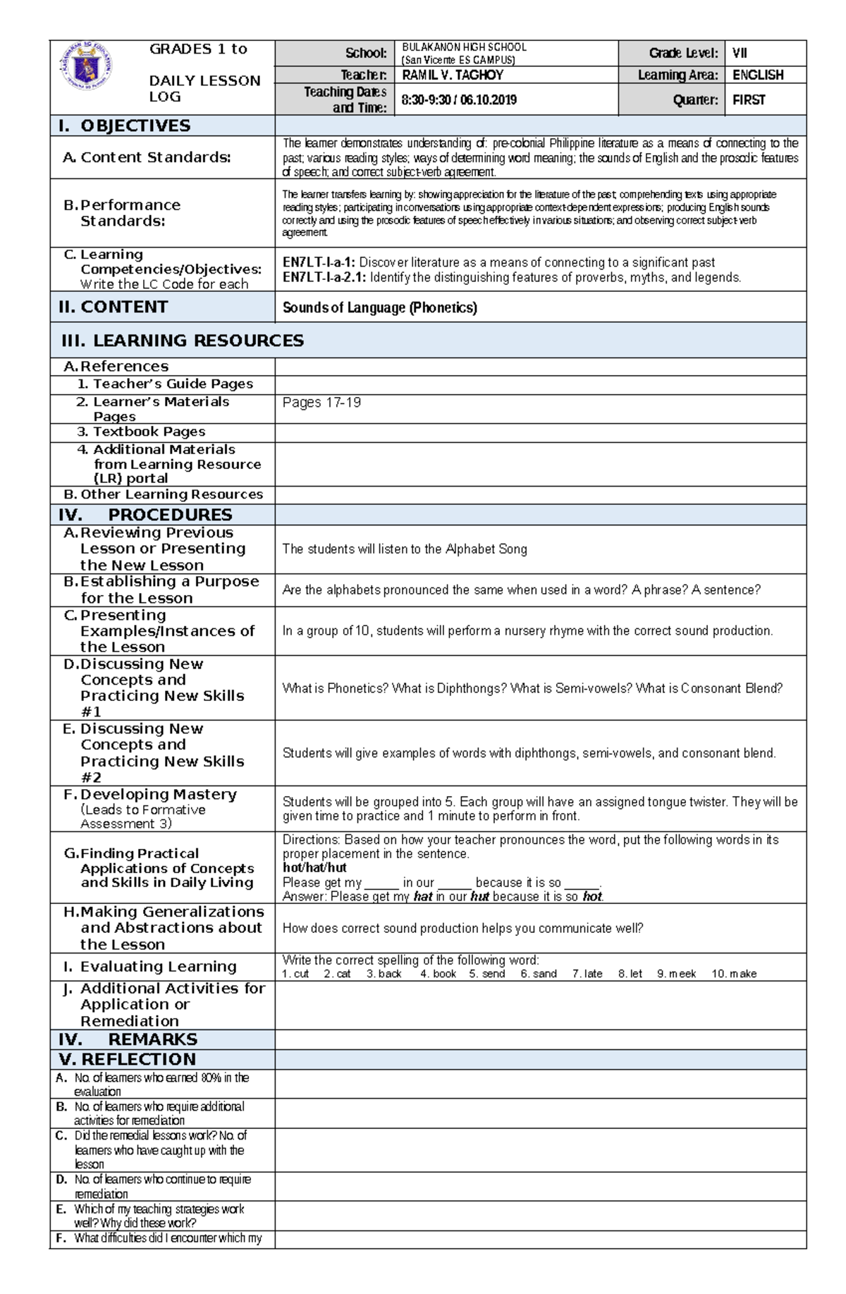 M1 L1 1 Sound Production - GRADES 1 to 12 DAILY LESSON LOG School: BULAKANON HIGH SCHOOL (San ...