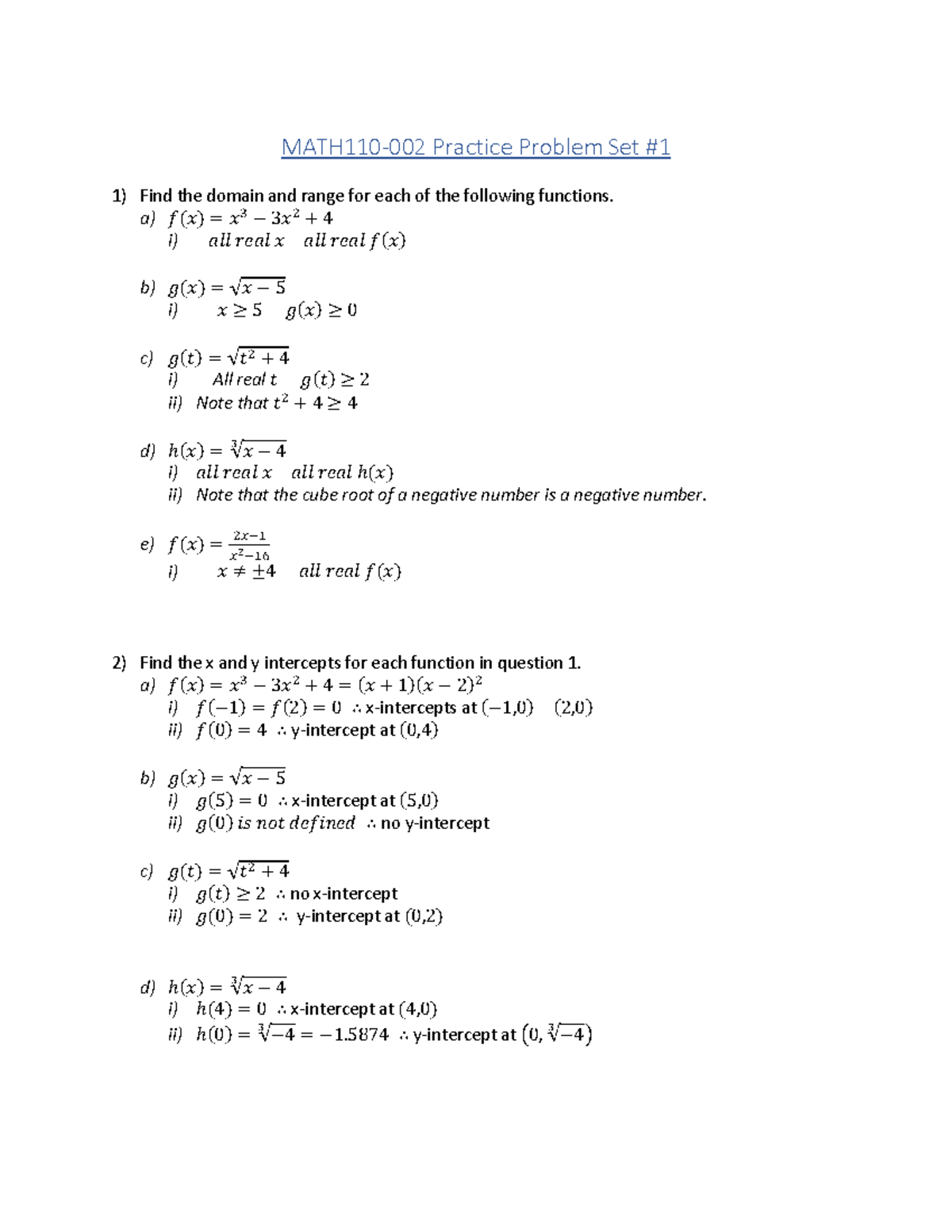 MATH110 Problem Set 1: Domain, Range, and Intercepts Analysis - Studocu