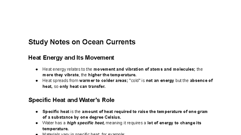 Study Notes on Ocean Currents: Heat Energy & Movement - Studocu
