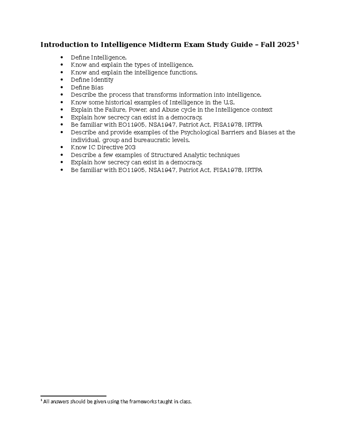 Intelligence Midterm Exam Study Guide - Fall 2025 - Studocu