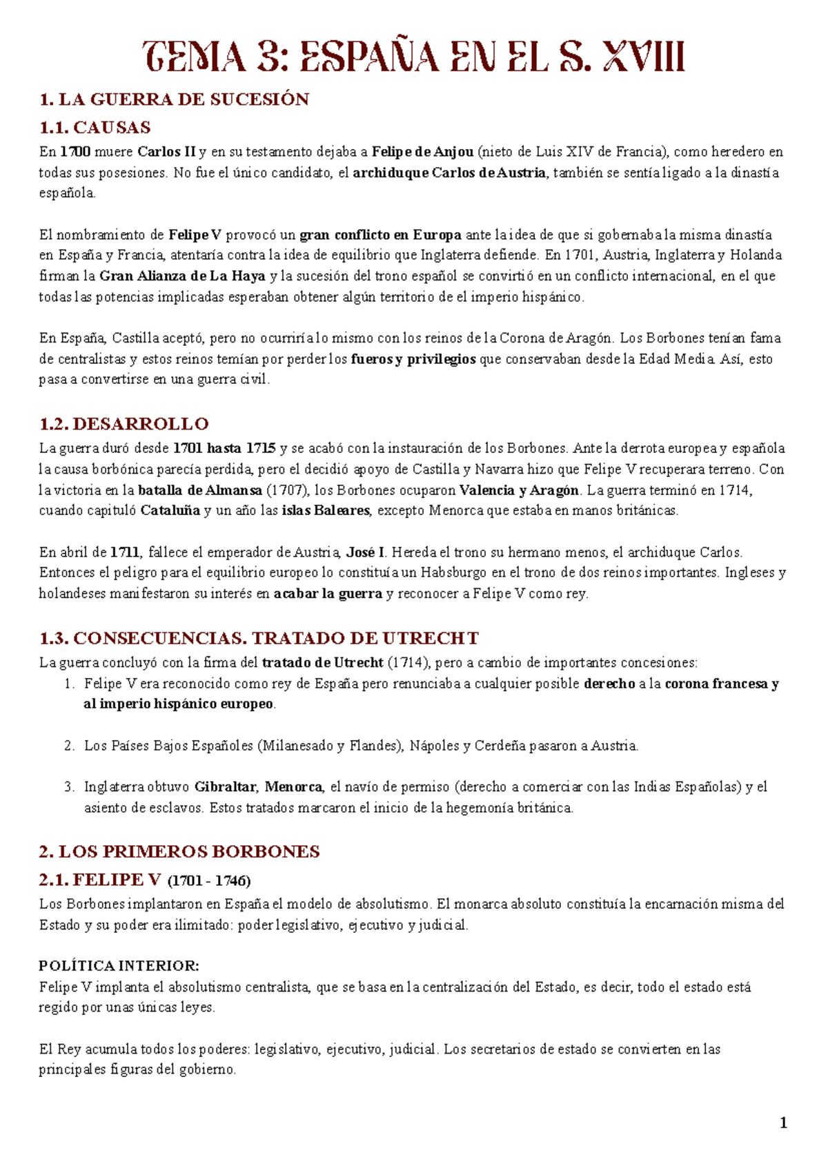 Tema1.- España del siglo xviii - TEMA 3: ESPAÑA EN EL S. XVIII 1. LA GUERRA DE SUCESIÓN 1 ...