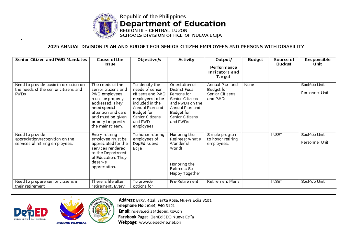 2025 Annual Plan & Budget for Senior Citizens & PWDs in Education - Studocu