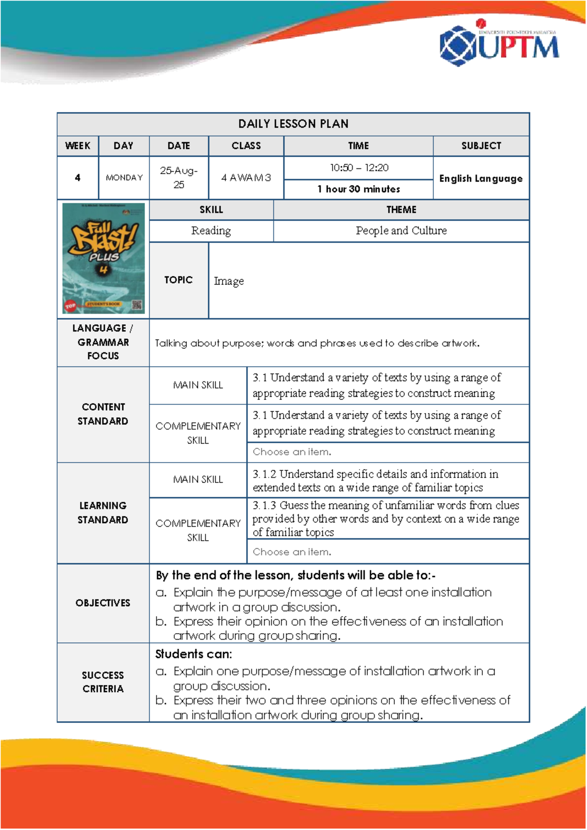 4 AWAM 3 Daily Lesson Plan: Understanding Installation Art - Studocu