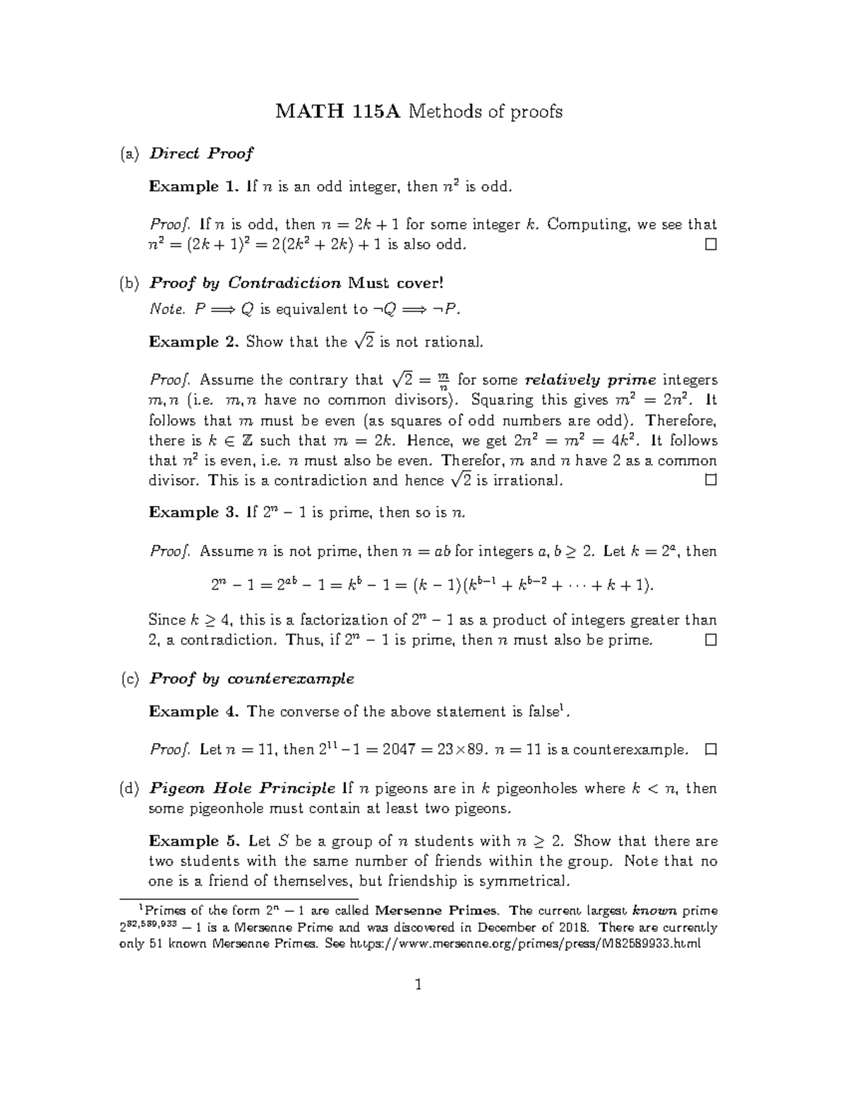 Math 115A Section 0 Methods of proofs - MATH 115A Methods of proofs (a ...