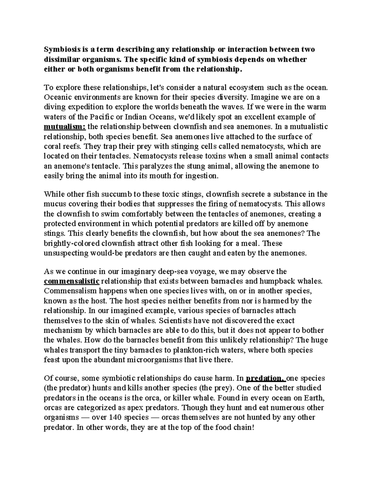Symbiosis in Ocean Ecosystems: Mutualism & Commensalism Insights - Studocu