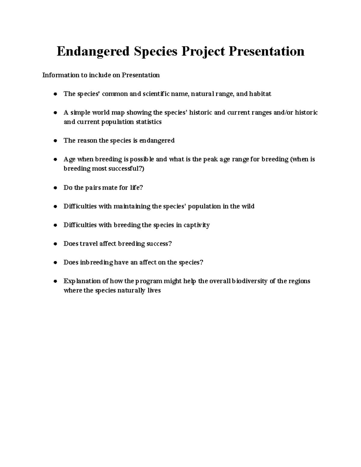 Endangered Species Project Presentation Directions - Endangered Species ...