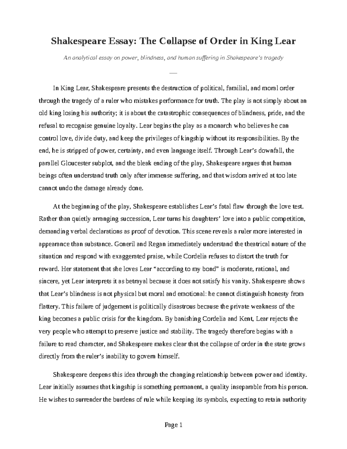 Shakespeare Essay (ENG 201): The Collapse of Order in King Lear - Studocu