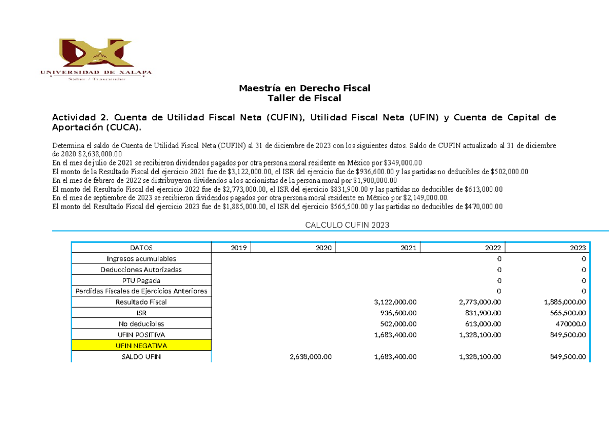 Tarea 2: Cálculo de CUCA, CUFIN y UFIN en Derecho Fiscal - Studocu