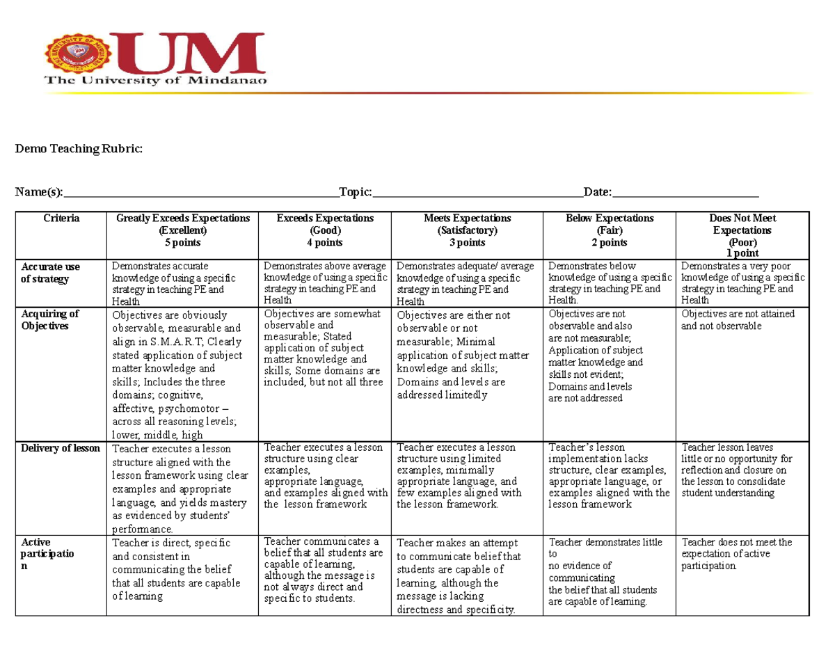 Demo Teaching Rubric: Assessment Criteria & Feedback for PE Class - Studocu