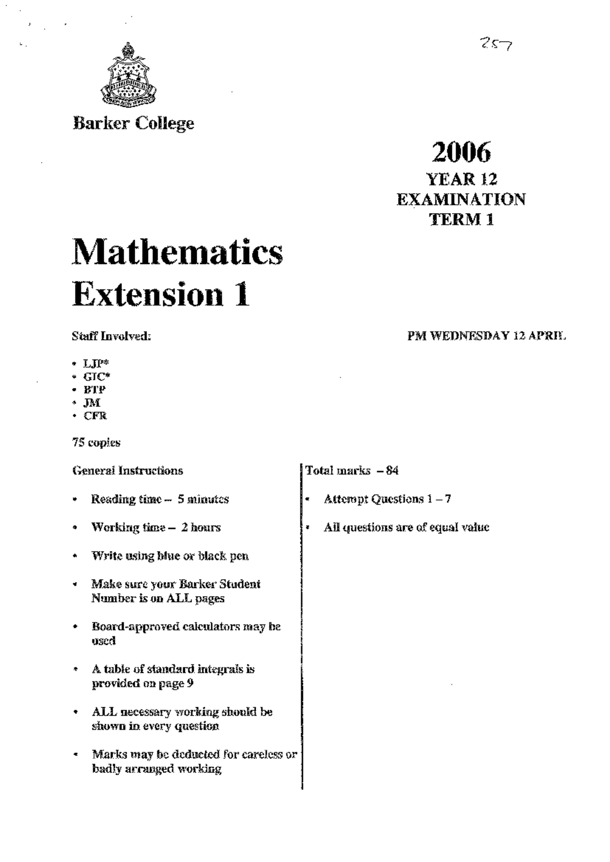 Barker College 2006 Year 12 Mathematics Extension 1 Exam Term 1 - Studocu