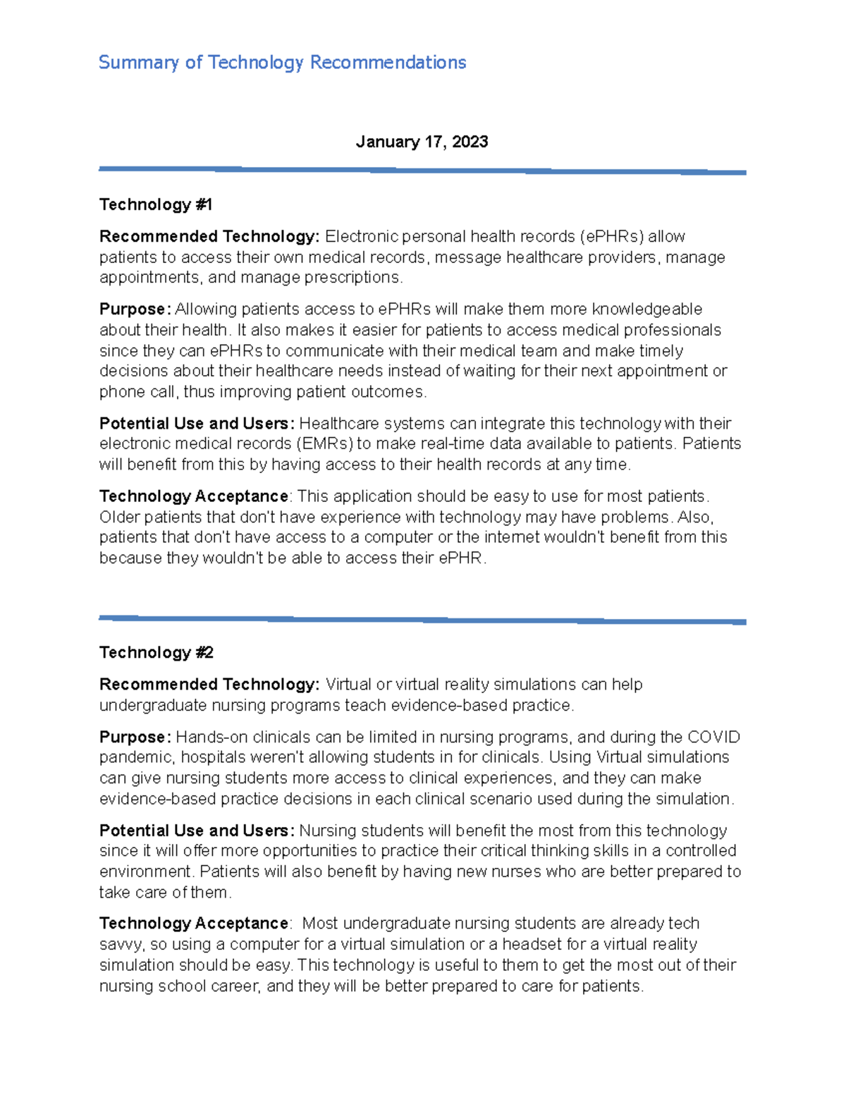 D029 Technology Summary: Recommendations for Healthcare Innovations ...