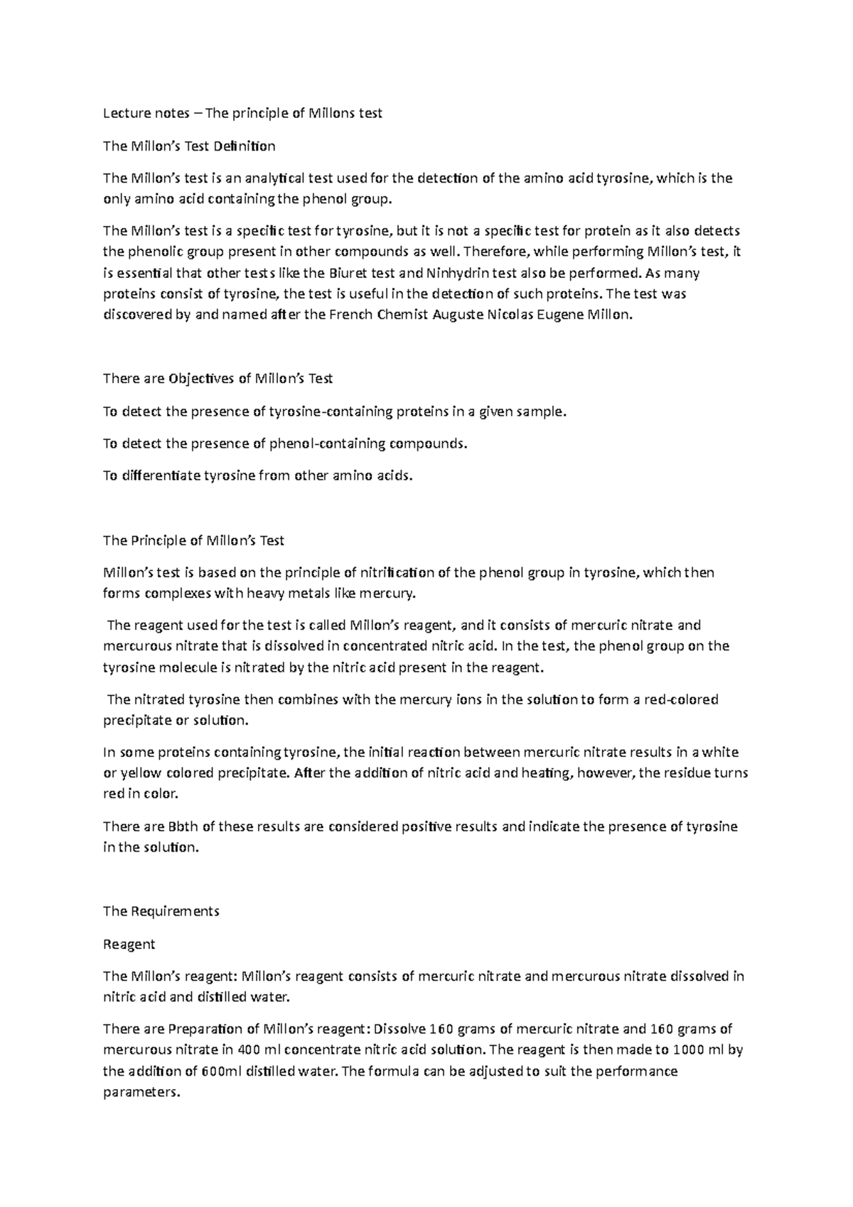 Lecture notes – The principle of Millons test - The Millon’s test is a ...