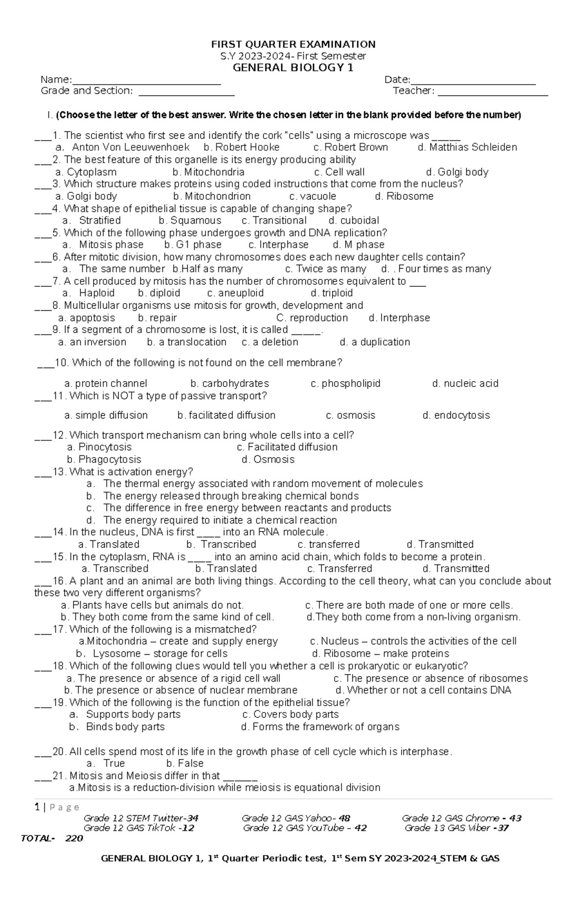 1ST Quarter EXAM General Biology 1 - FIRST QUARTER EXAMINATION S 2023 ...