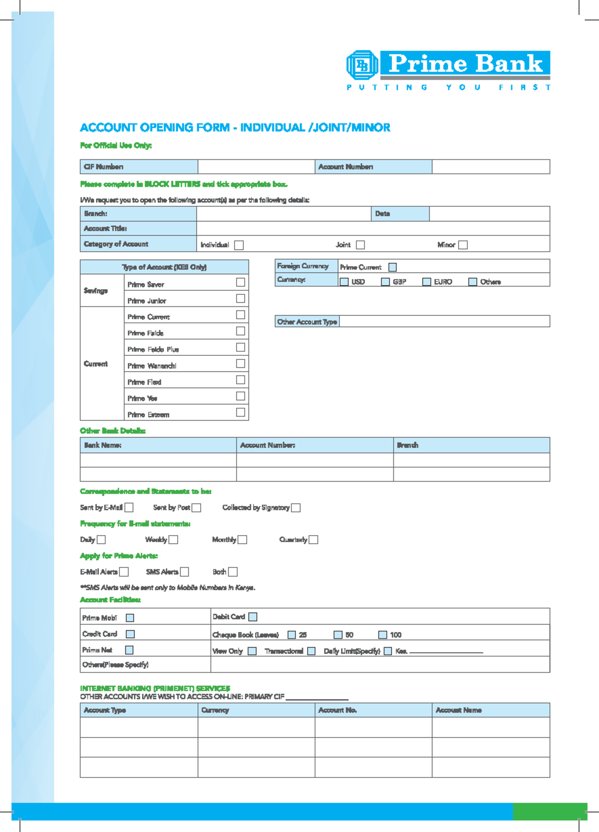 Prime BANK Account Opening FORM AOF Individual Joint Minor 2023 ...