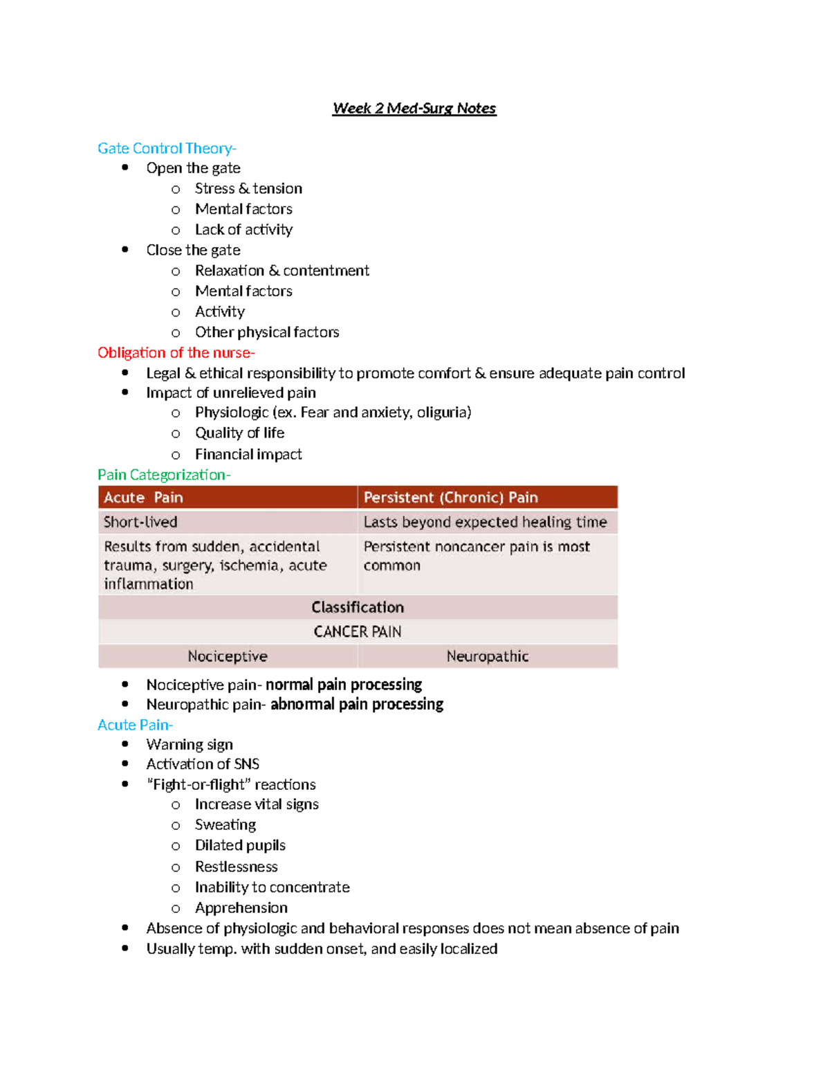 Week 2 Med Notes: Gate Control Theory & Pain Management Strategies ...