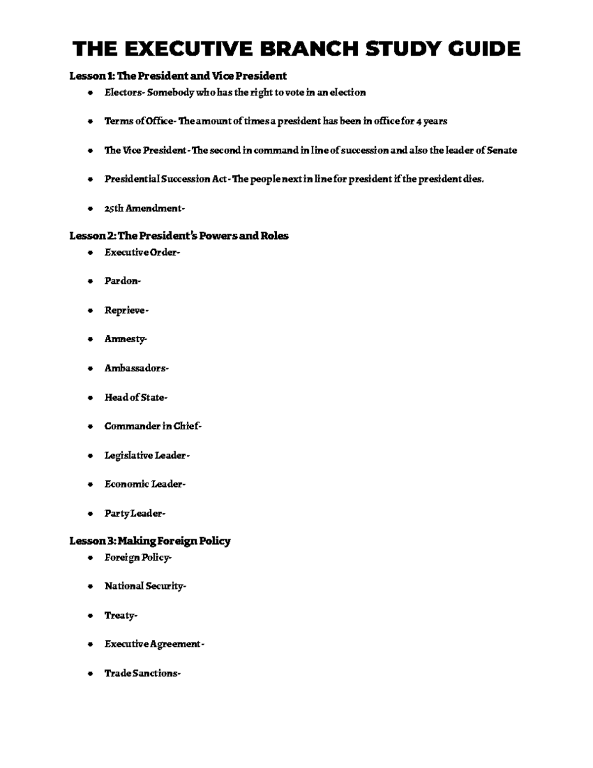 Executive Branch Study Guide - Key Concepts & Terms - Studocu