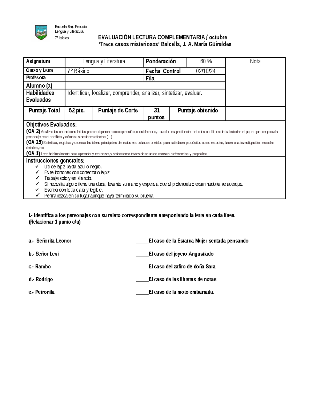 Evaluación de Lectura Complementaria: Prueba de Casos Misteriosos (Básico) - Studocu