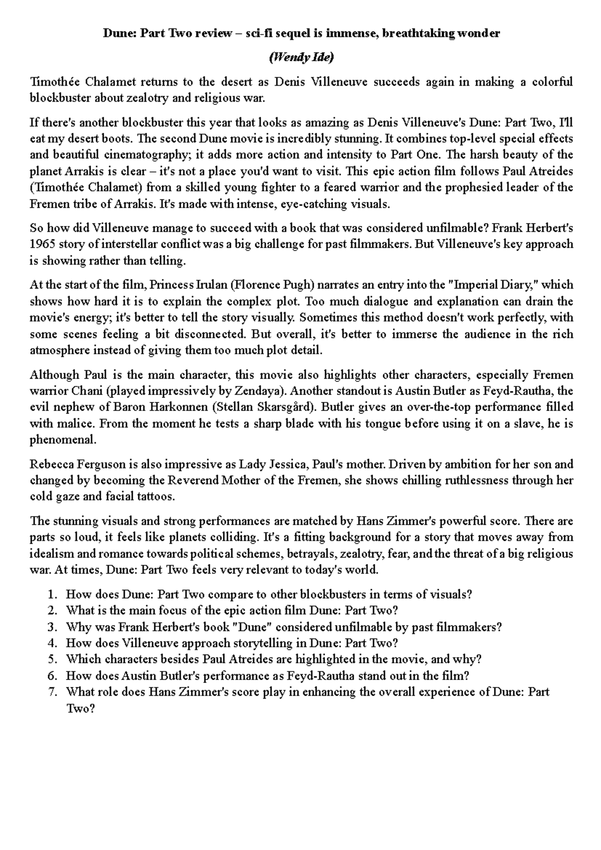 W7 Film Reviews: Dune: Part Two - A Stunning Visual Epic - Studocu