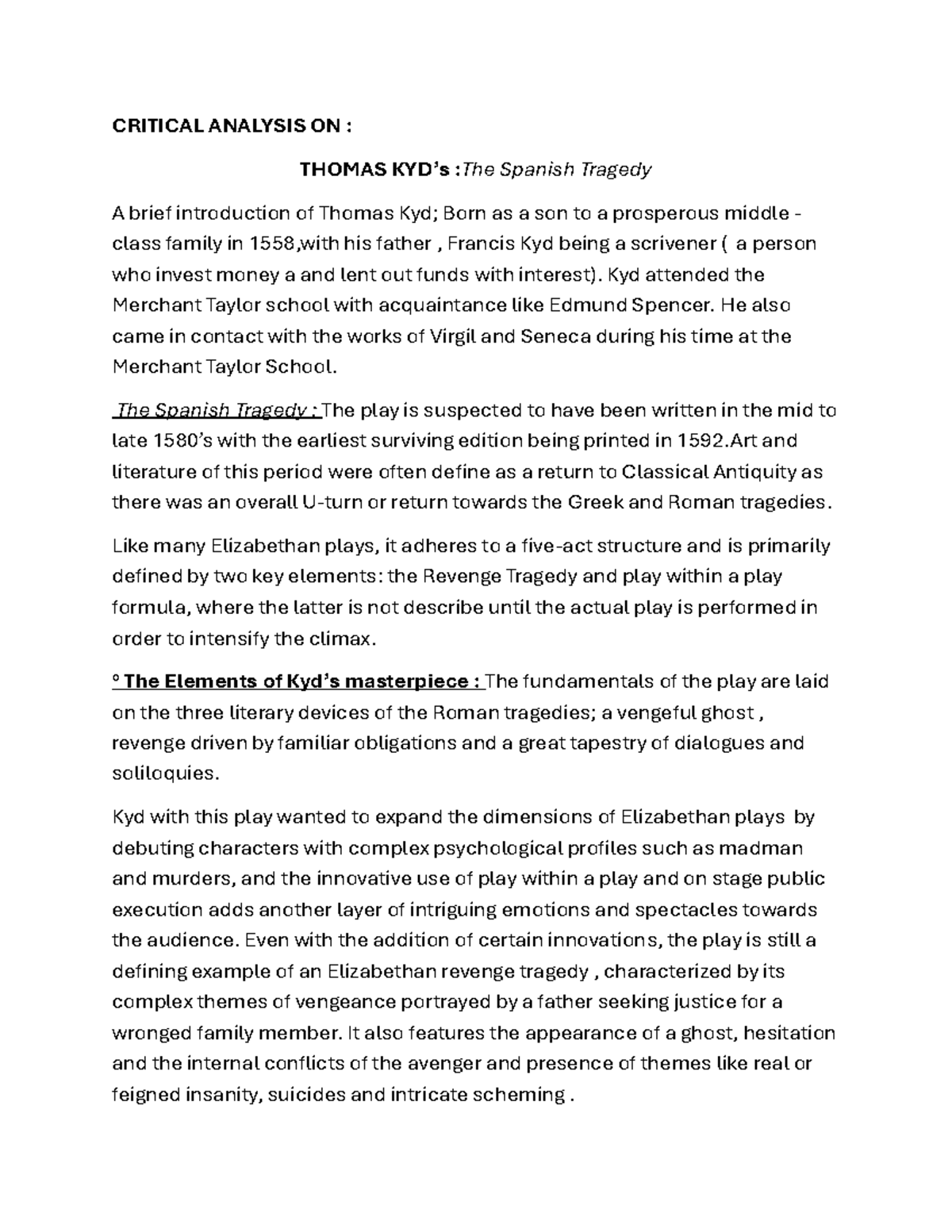 CRITICAL ANALYSIS: THOMAS KYD'S "THE SPANISH TRAGEDY" - Studocu