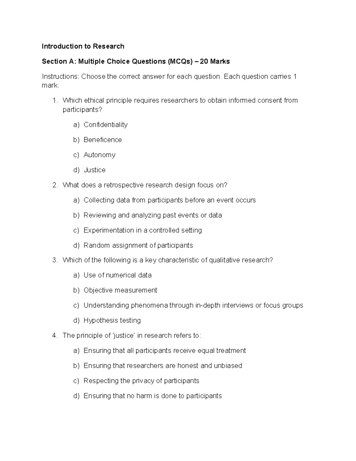 Research Exam: MCQs on Introduction to Research Concepts - Studocu