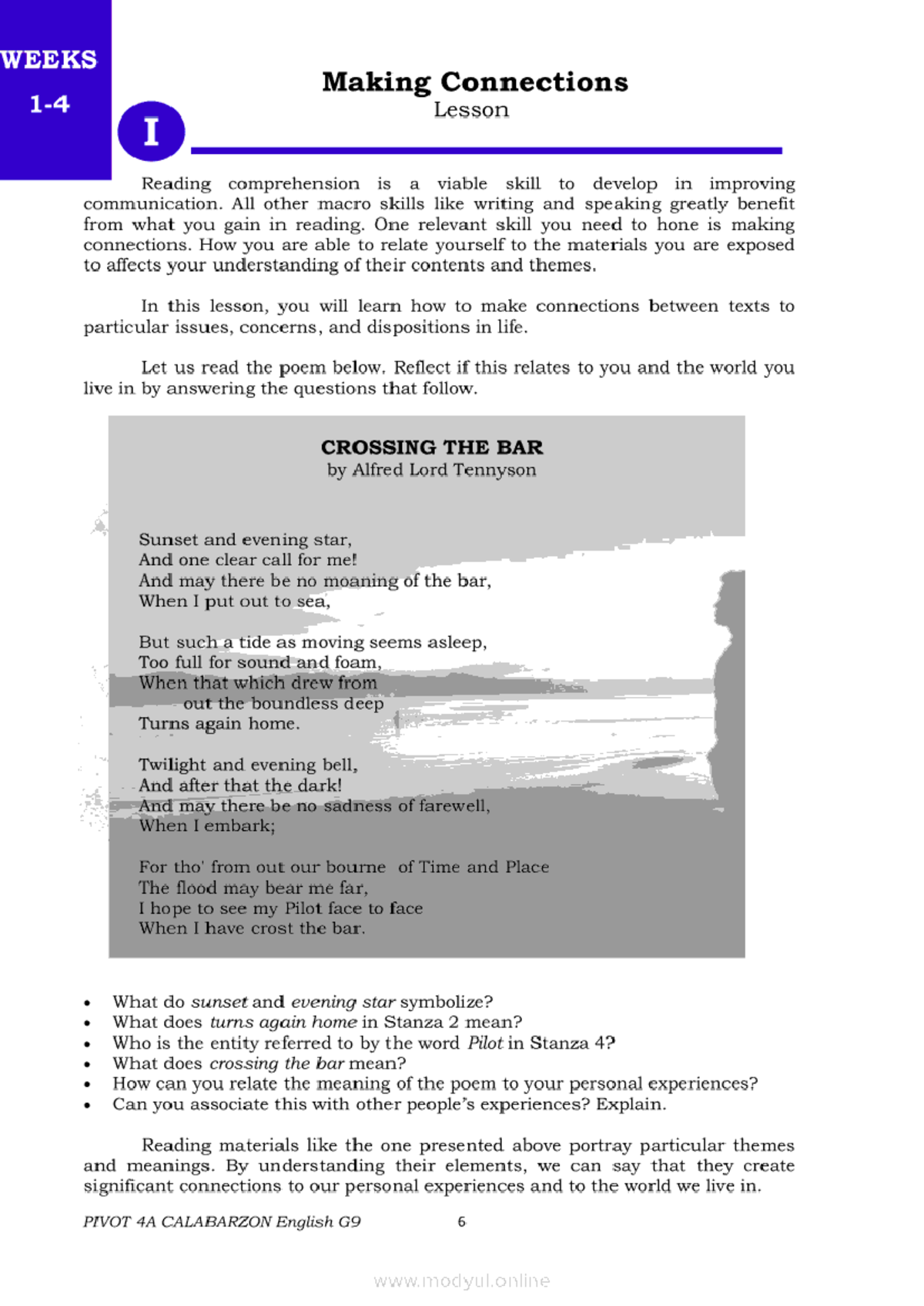 Pivot 4A CALABARZON English G9: Making Connections Lesson on Reading ...