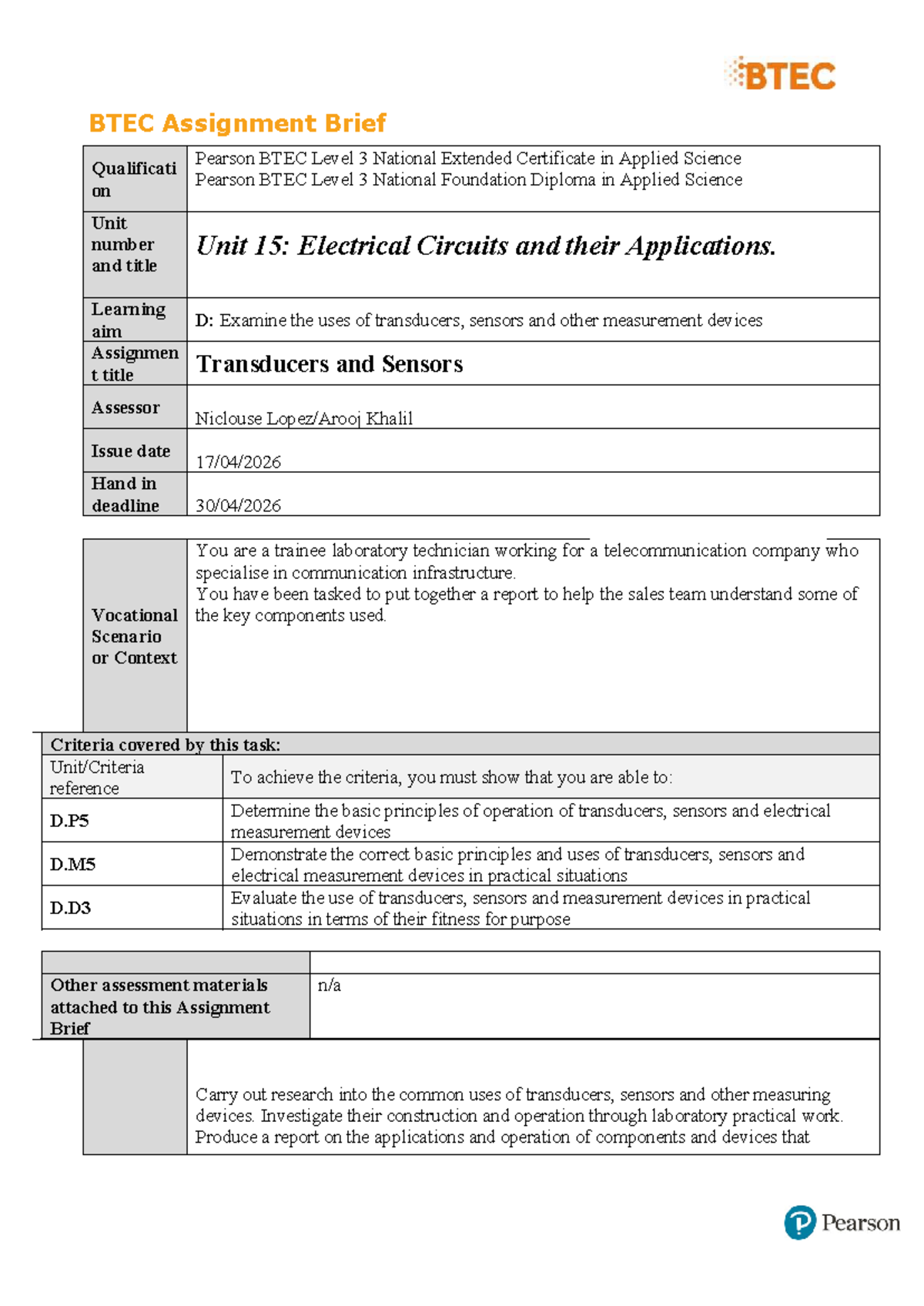 Unit 15: Assignment D - Transducers & Sensors in Applied Science - Studocu