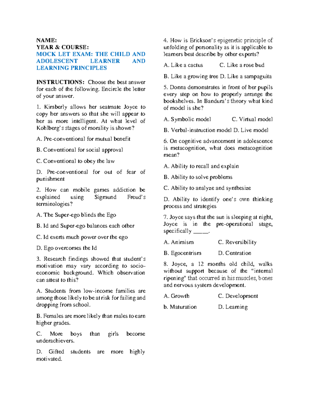 Mock LET Exam: The Child and Adolescent Learner (50 Items) - Studocu