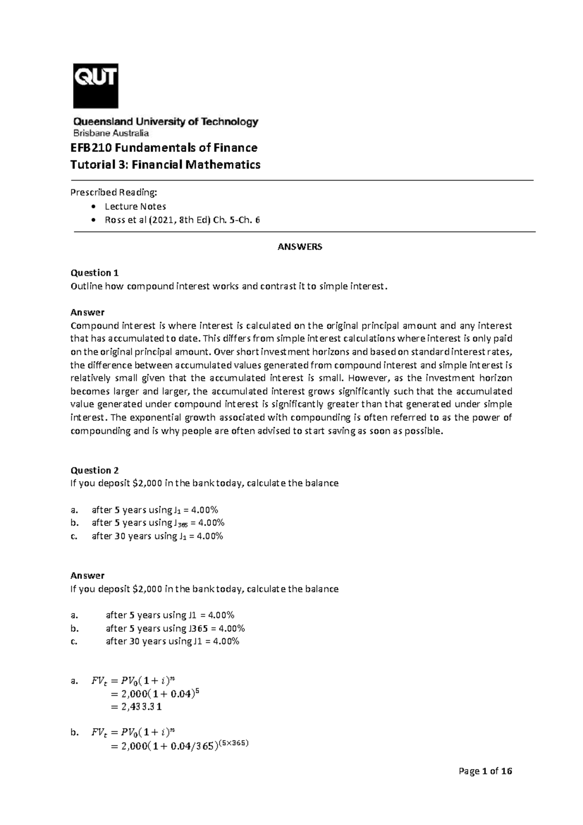 EFB210 Tutorial 3 Solutions - EFB210 Fundamentals of Finance Tutorial 3 ...
