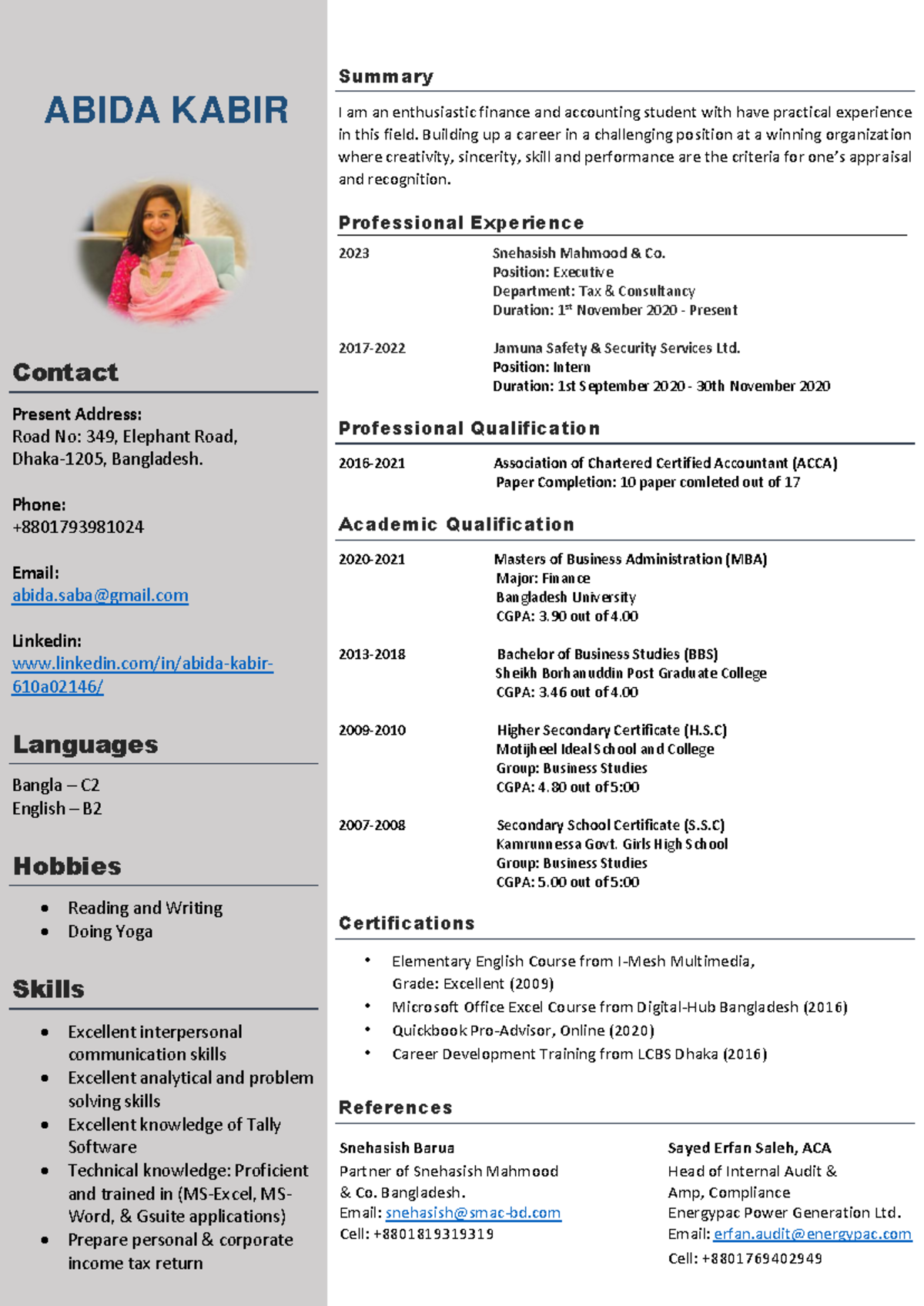 Resume of Abida Kabir - CV Writing and Career Overview - Studocu