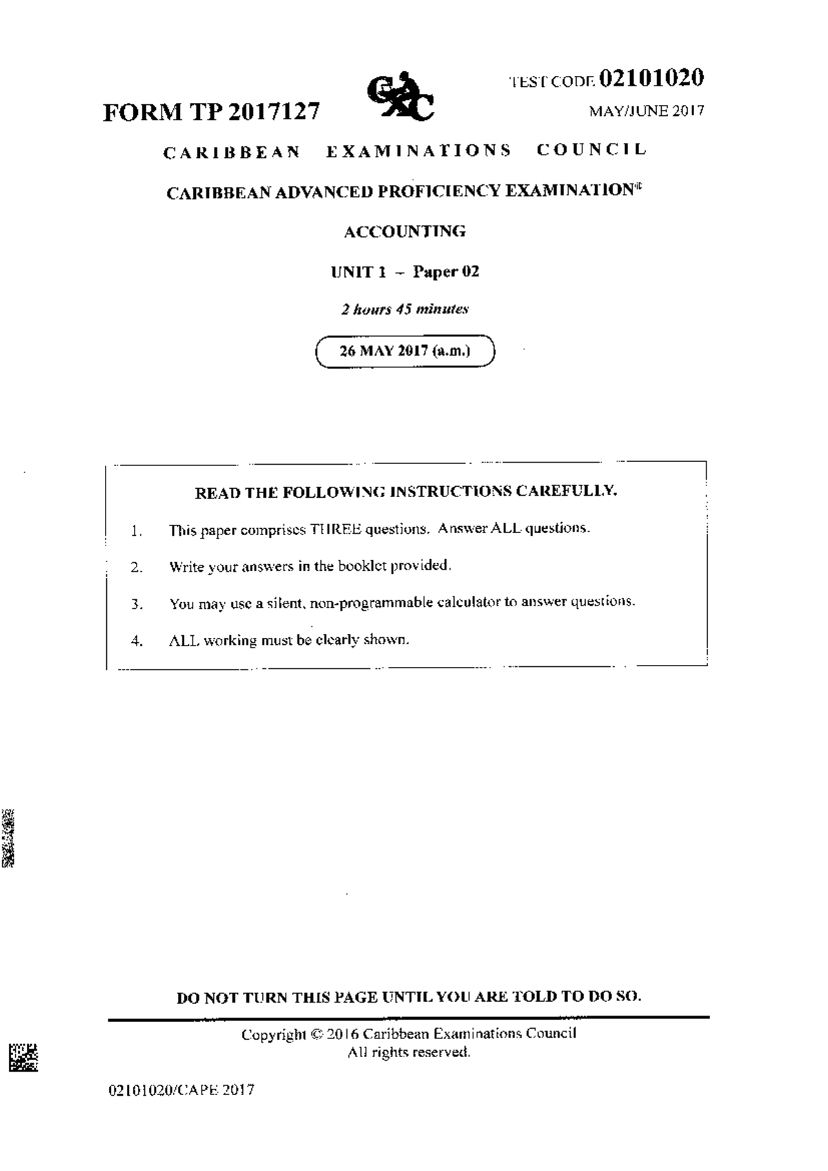 Accounting 2017 CAPE Unit I Paper 02 Exam Questions and Solutions - Studocu