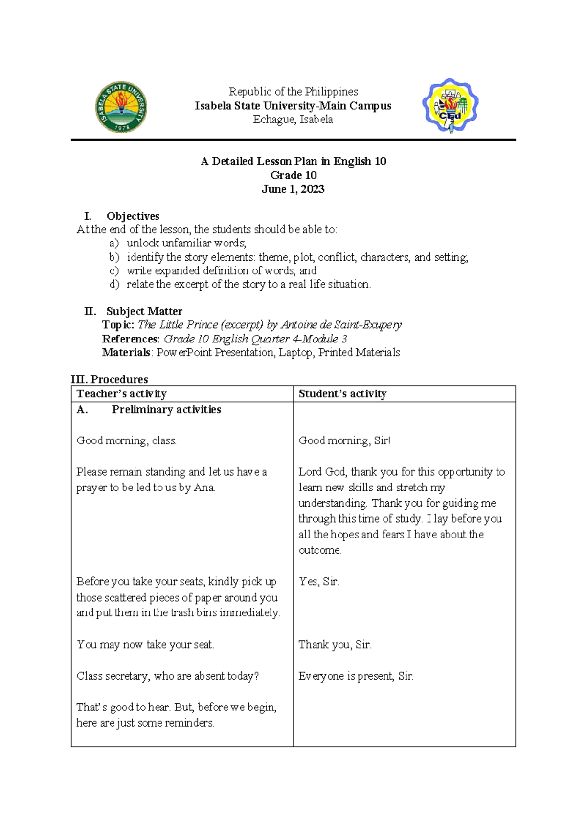 Detailed Lesson Plan: English 10 - The Little Prince (June 2023) - Studocu