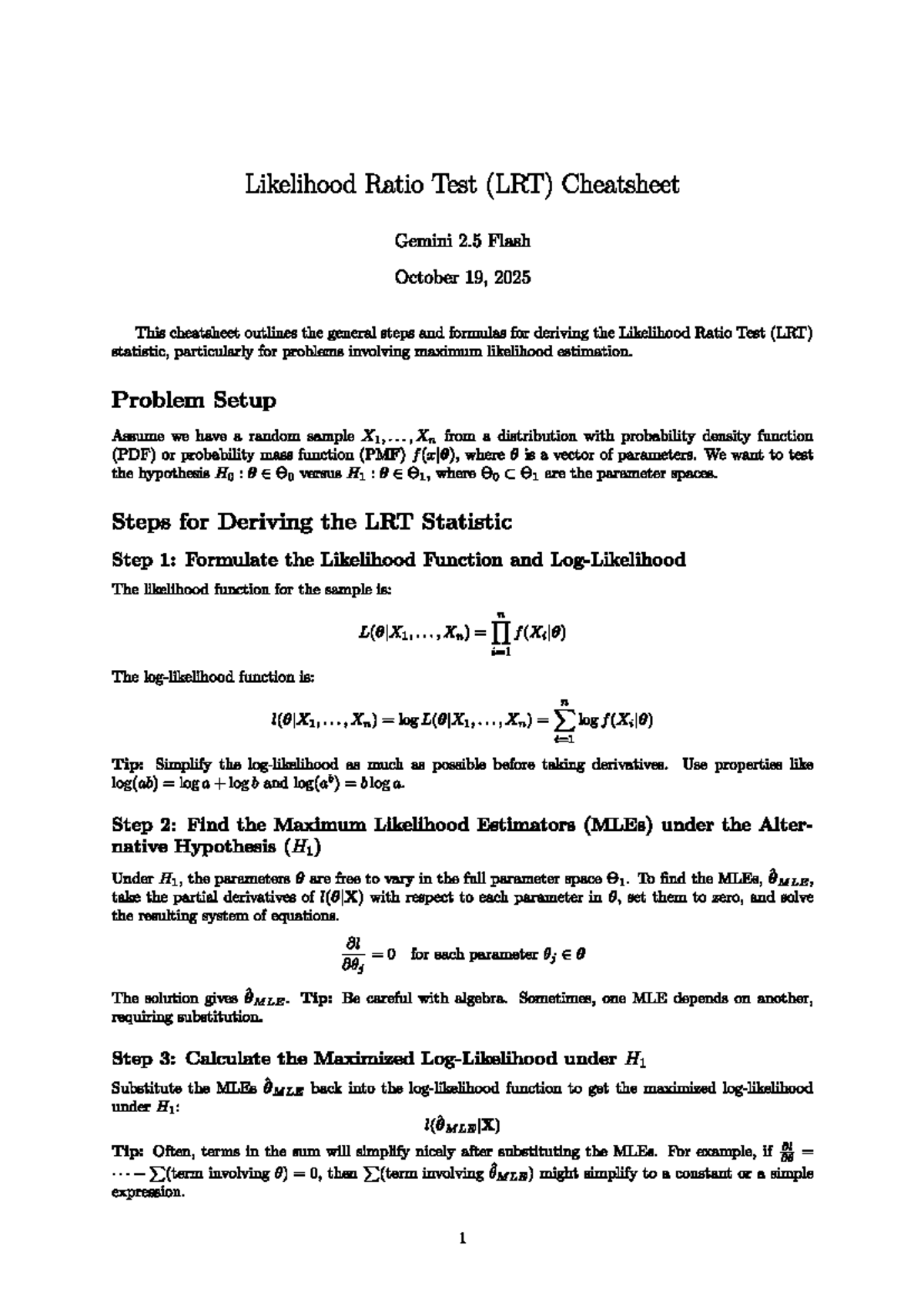 LRT Cheatsheet: Steps & Formulas for Likelihood Ratio Test (Gemini 2.5 ...