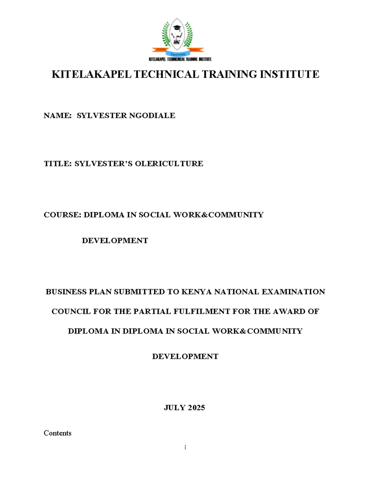 Diploma in Social Development: Olericulture Business Plan by Sylvester ...