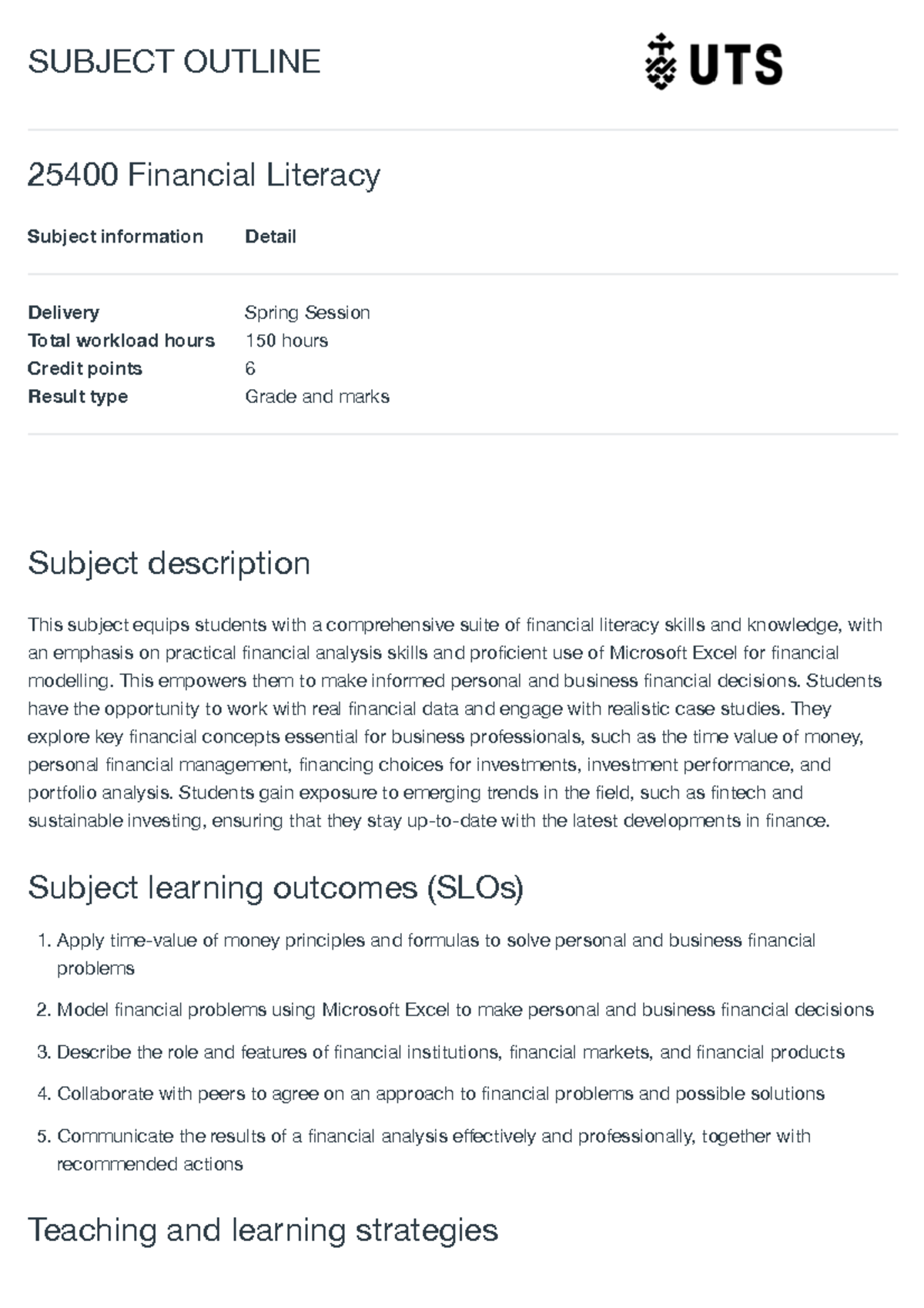 Financial Literacy Subject Info 25400: Course Overview & Assessments ...