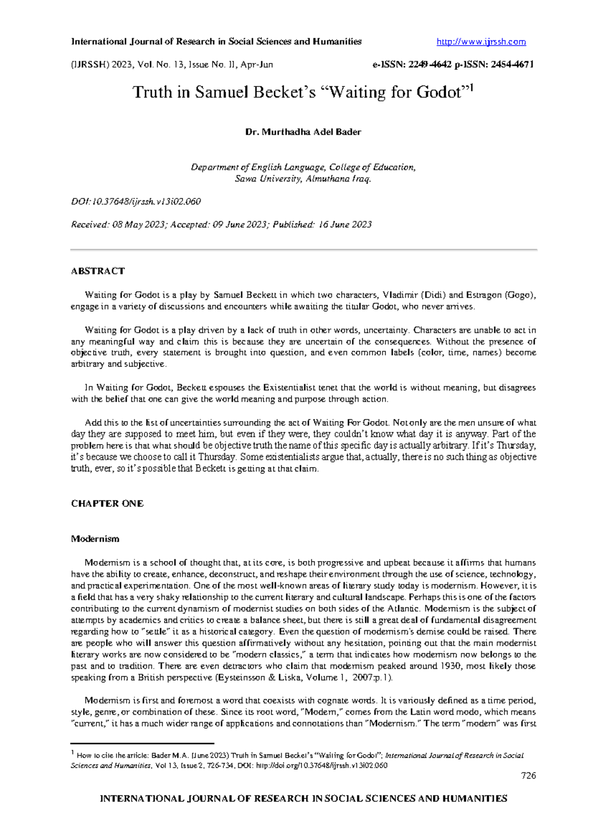 Truth in Samuel Beckett's Waiting for Godot: An Analysis (IJRSSH 2023 ...