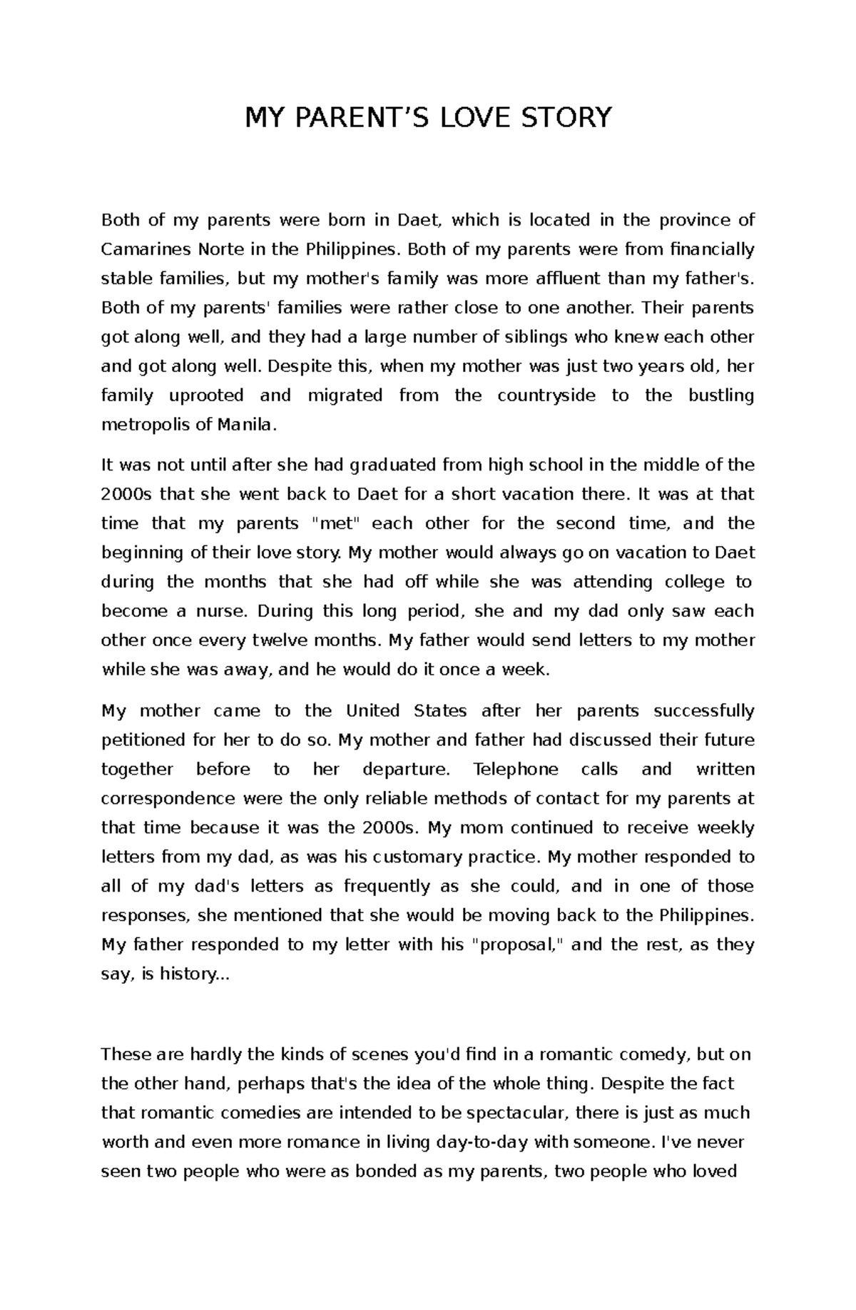 MY PARENTS' LOVE STORY: A Journey Through Time and Distance - Studocu