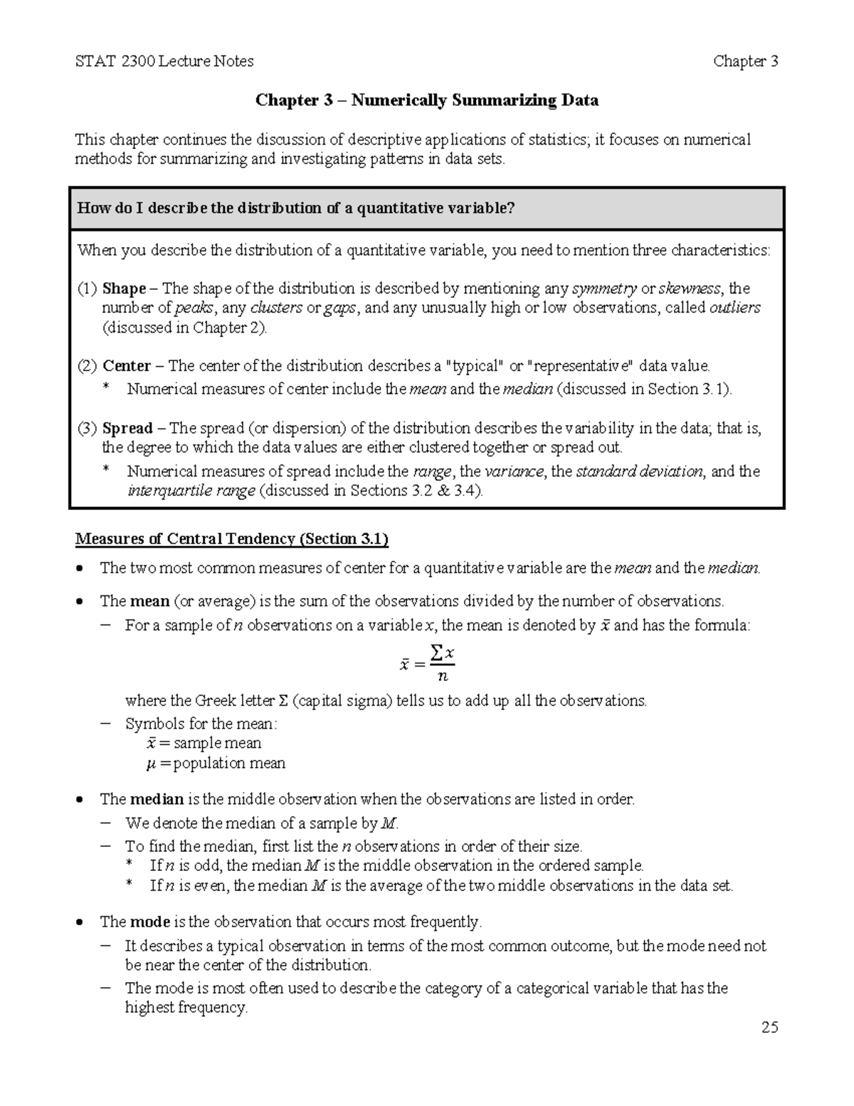 STAT 2300 Lecture Notes: Chapter 3 - Summarizing Data Numerically - Studocu