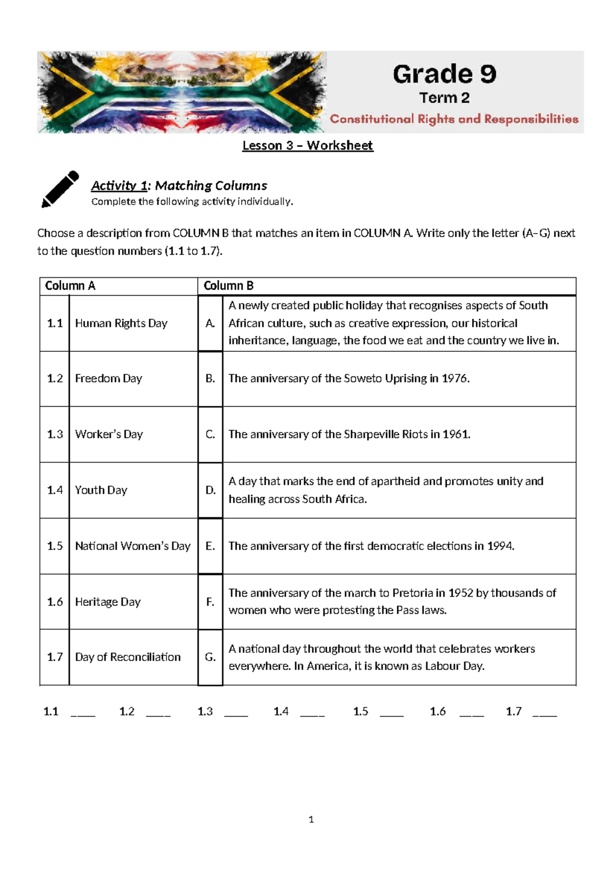 Lesson 3 - Worksheet Activity: Matching Holidays and Reflections - Studocu