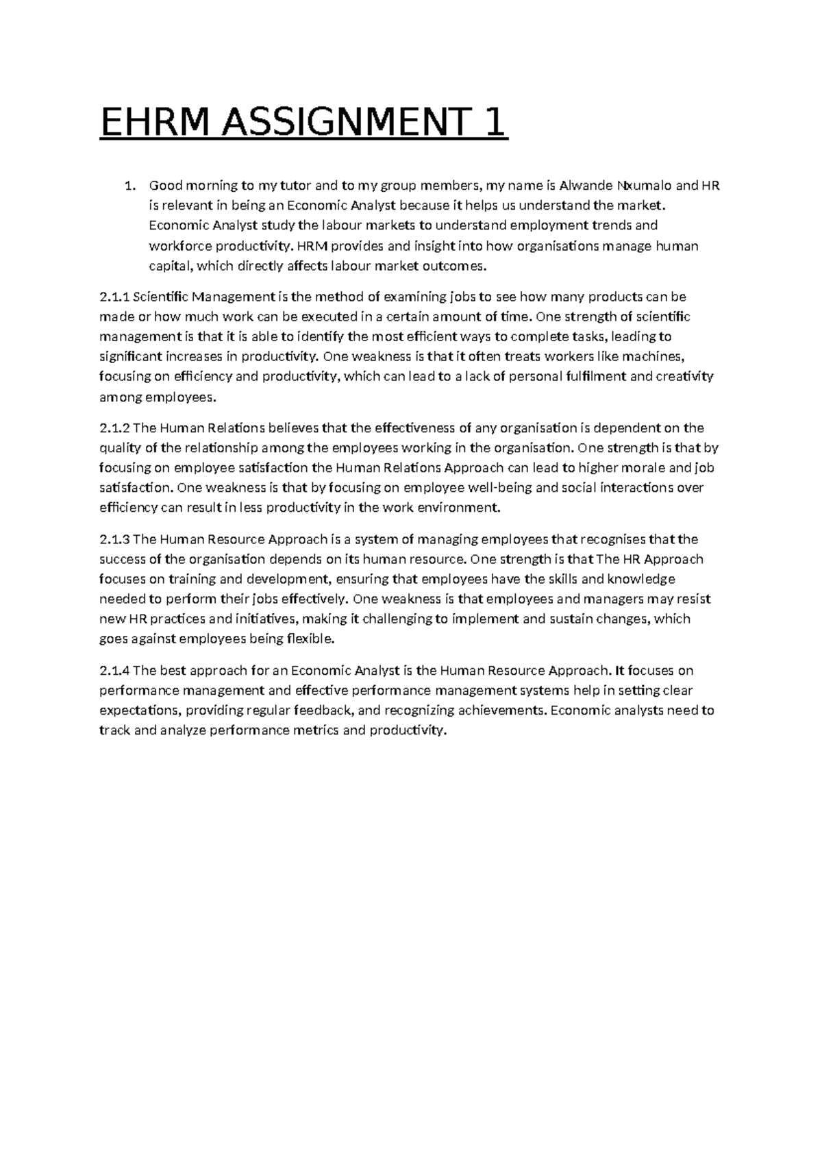 EHRM ASSIGNMENT 1: Analyzing HR Approaches for Economic Analysts - Studocu