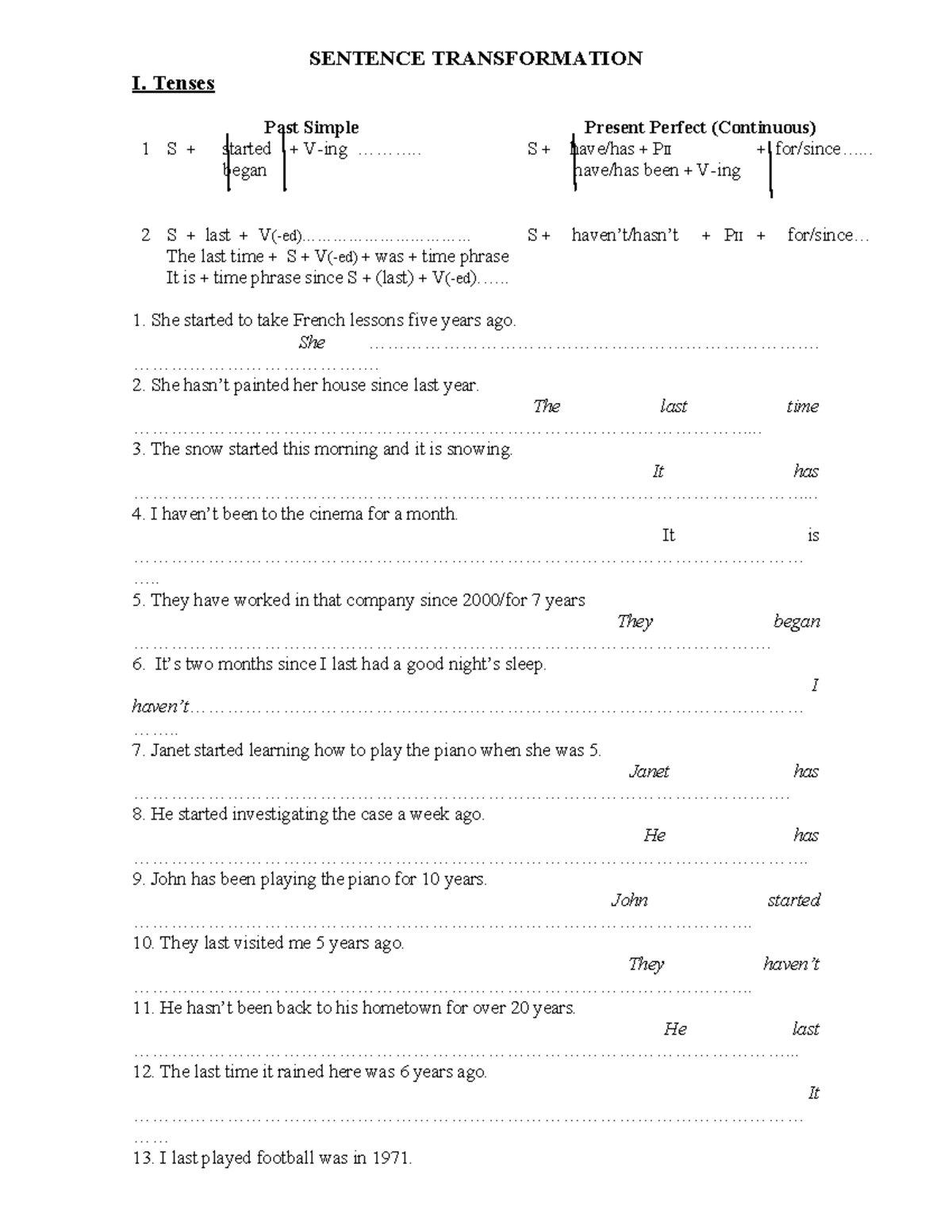 I. Tenses: Sentence Transformation & Rewriting Techniques - Studocu